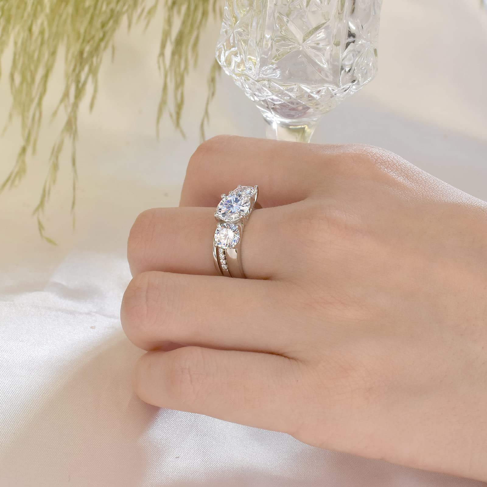 Blongme 3.7Ct Three-Stone Engagement Wedding Ring Sets Cz Promise Wedding Rings for Women 925 Sterling Silver Round Cut Sparkling Wedding Band Size 7