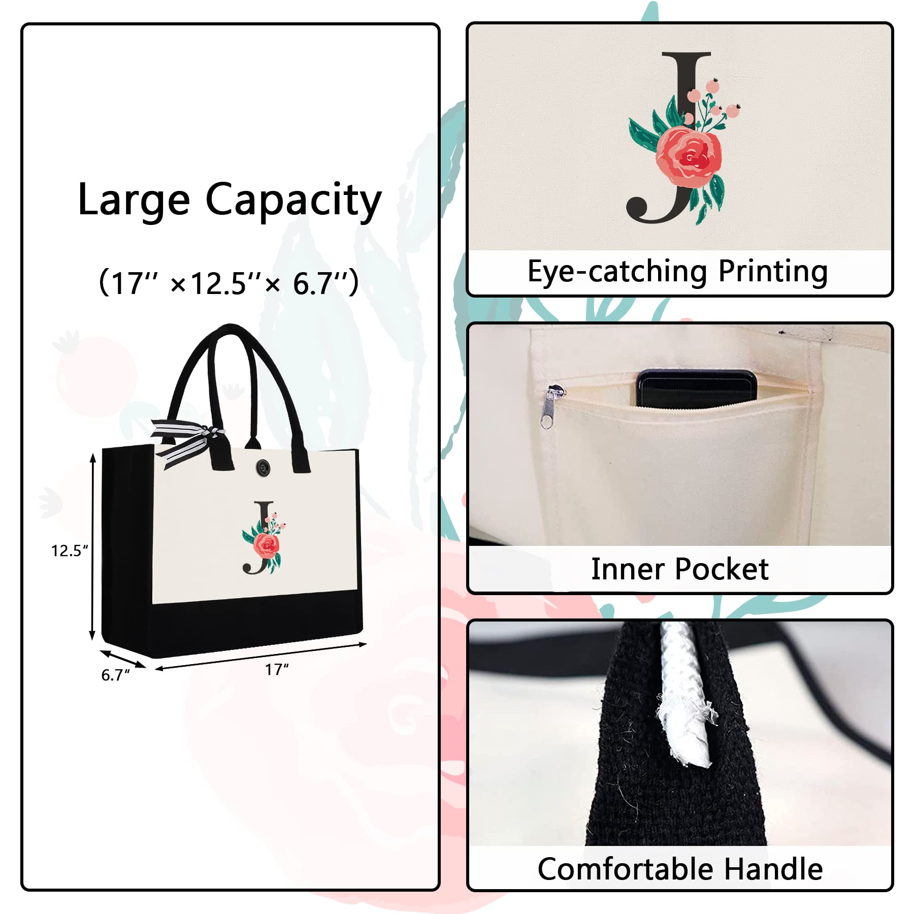 Binggemen Personalized Initial Canvas Tote Bag, Monogrammed Gifts Bag for Wedding,Birthday, Present Beach Bag for Women, Mom, Bridesmaids,Teachers
