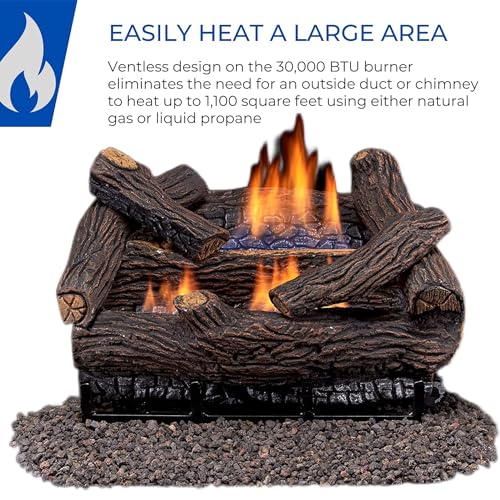 Duluth Forge DLS-18T-2 Dual Fuel Ventless Fireplace Logs Set with Thermostat, Use with Natural Gas or Liquid Propane, 30000 BTU, Heats up to 1000 Sq. Ft, Stacked Red Oak, 18 Inches