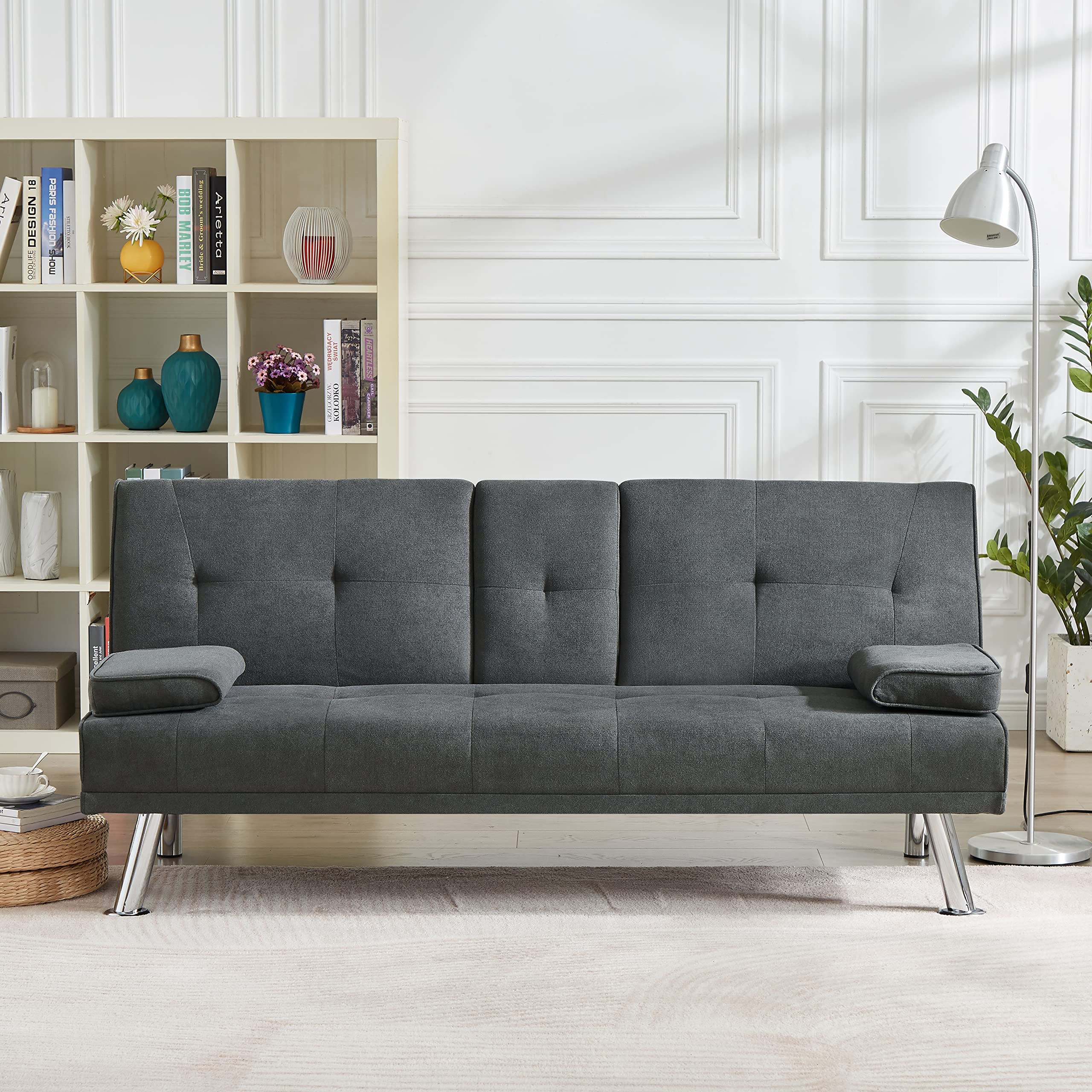 DKLGG Convertible Futon Sofa Bed, Upholstered Sofa Couch, Recliner Loveseat Folding Daybed with 2 Cup Holders and Removable Armrests Sleeper Sofa for Small Space, Home, Living Room, Dark Gray
