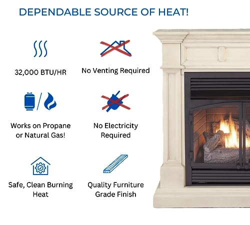 Duluth Forge Dual Fuel Ventless Gas Fireplace System with Mantle, Remote Control, 6 Fire Logs, Use with Natural Gas or Liquid Propane, 32000 BTU, Heats up to 1500 Sq. Ft., Antique White