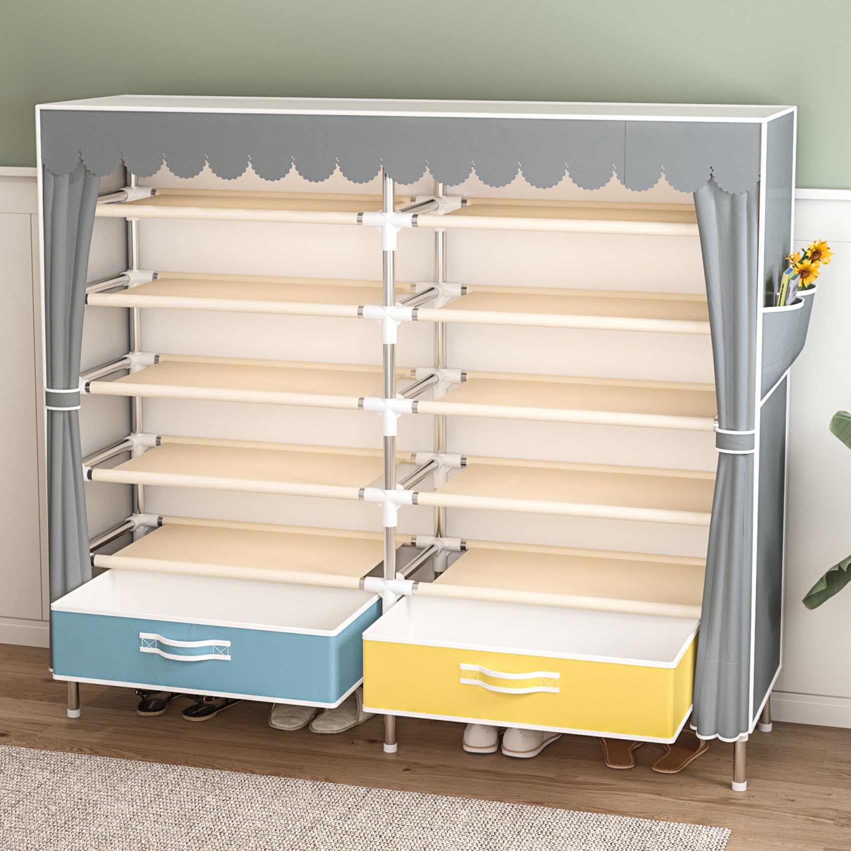LEAIJIAFY Double Row 6 Tier Shoe Rack Storage Organizer with Cover and 2 Drawers,Portable Standing Shoe Shelf for Garage EntrywaySmall Spaces,16MM Metal Tubes,Gray