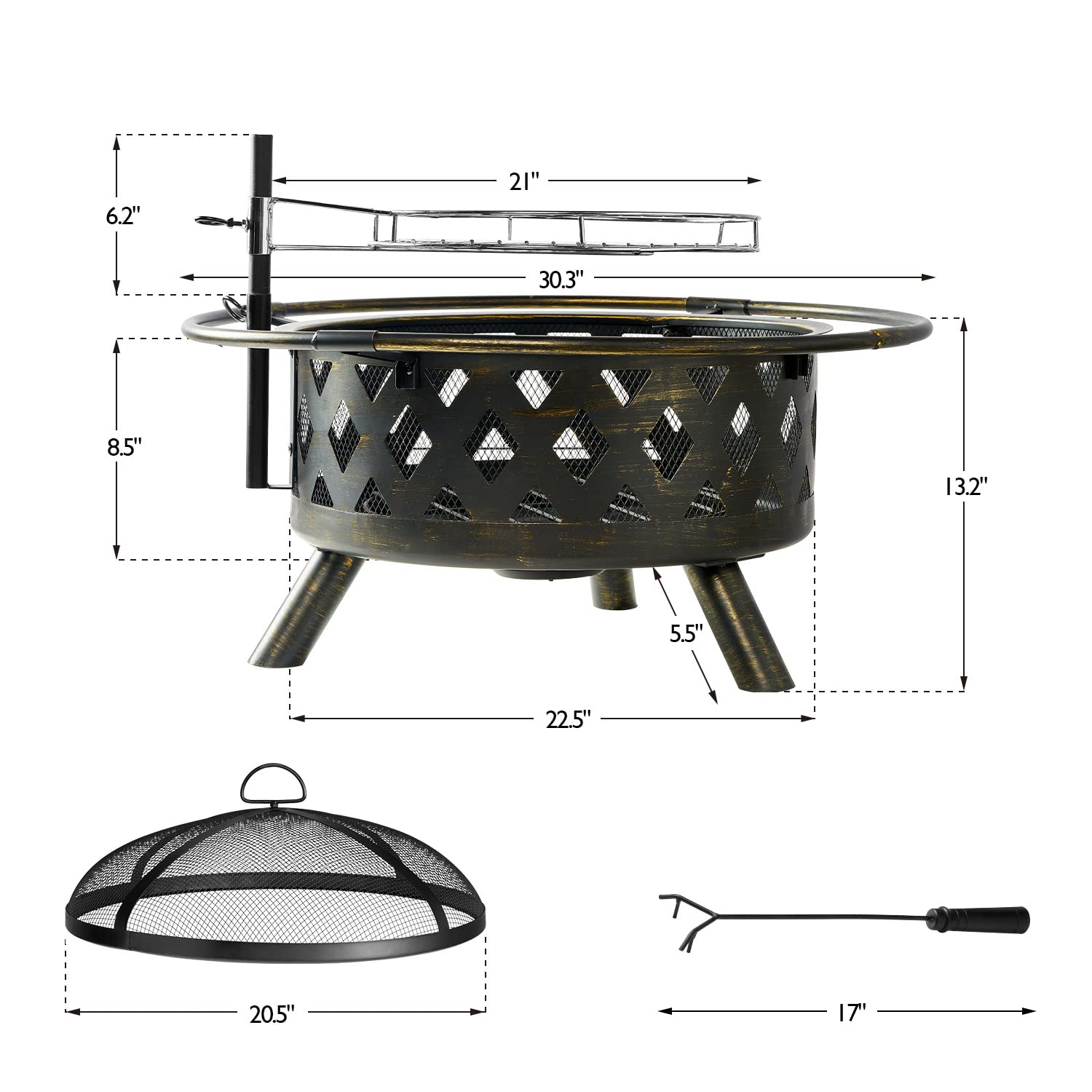 Breezestival 30 inch Fire Pits for Outside with Grill Outdoor Wood Burning with Removable Cooking Swivel BBQ Grill, Cover & Fire Poker for Backyard Bonfire Patio(Black)