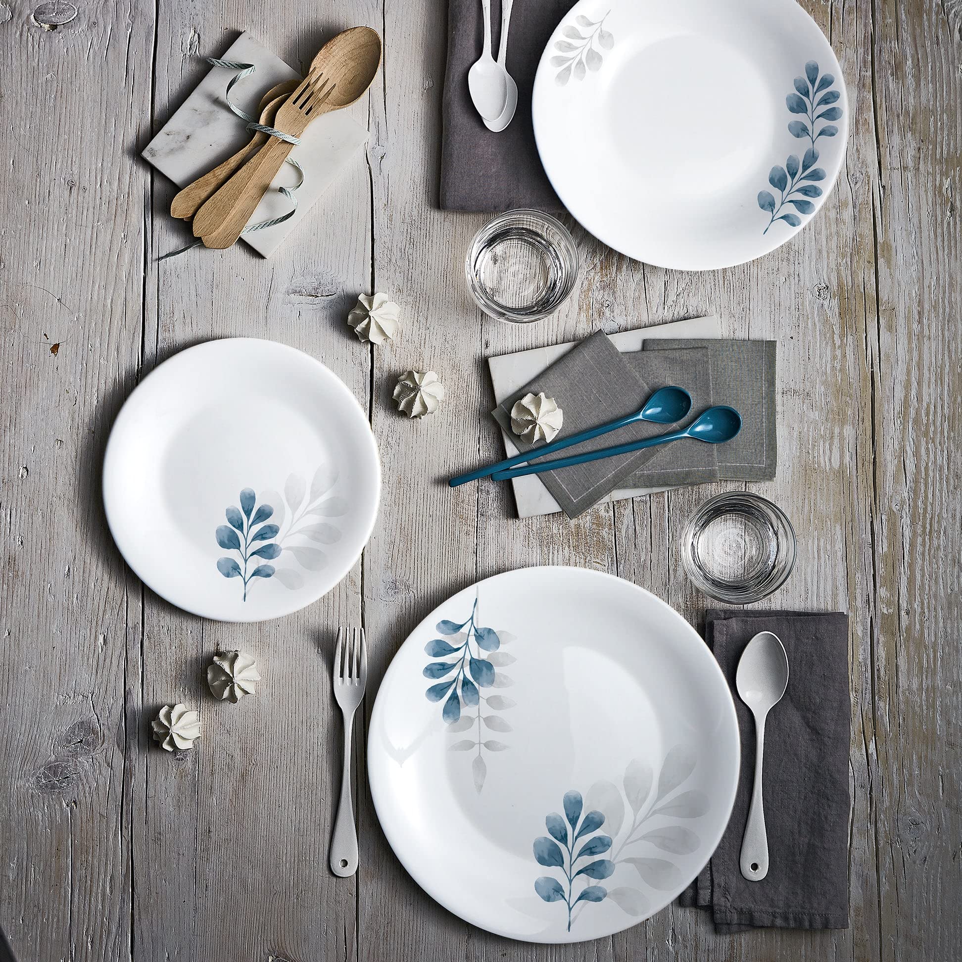 Bormioli Rocco Set Of 6, White Moon Botanica Blue 9 Inch Pasta Bowls Tempered Opal Glass Dishes, Dishwasher & Microwave Safe, Made In Spain.