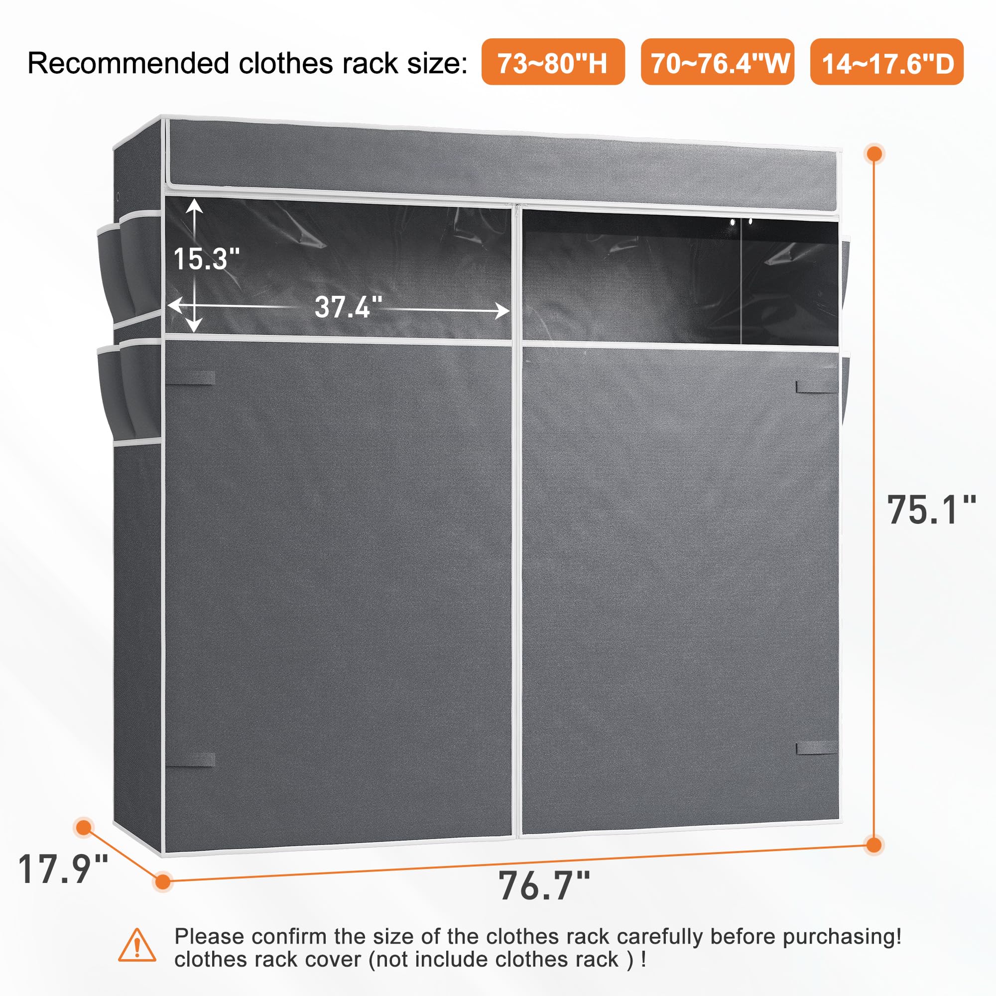 Raybee Garment Rack Cover Only, Fabric Clothing Rack Cover with Zipper, Clothes Rack Cover with PVC Clear Window & 8 Side Storage Pockets, Garment Rack Cover Only 76.7" W X 75.1" H X 17.9" D(Large)