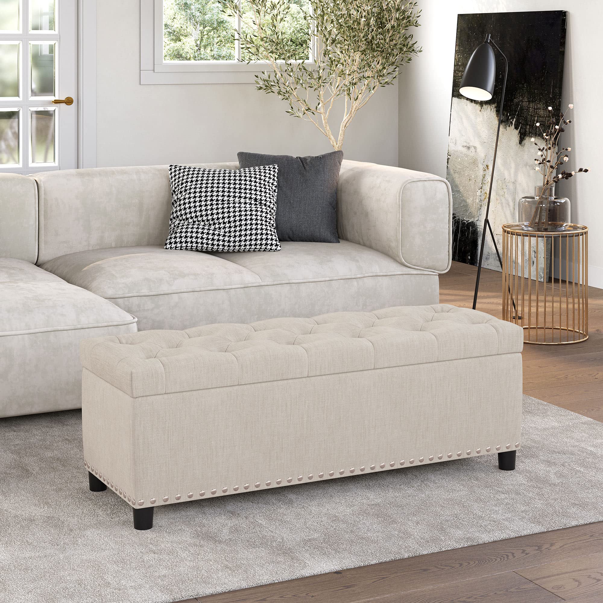 BELLEZE 47 Inch Storage Ottoman, Button-Tufted Ottoman Linen Storage Bench with Safety Close Hinge, Ottoman with Storage for Living Room, Entryway, Hallway, Foot Rest, Support 300lbs - Beige