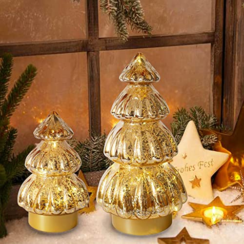 Battery-Operated Mercury Glass Christmas Tree Set, 2 Sizes: D6.1''x11.2''H and D4.9''x7.5''H