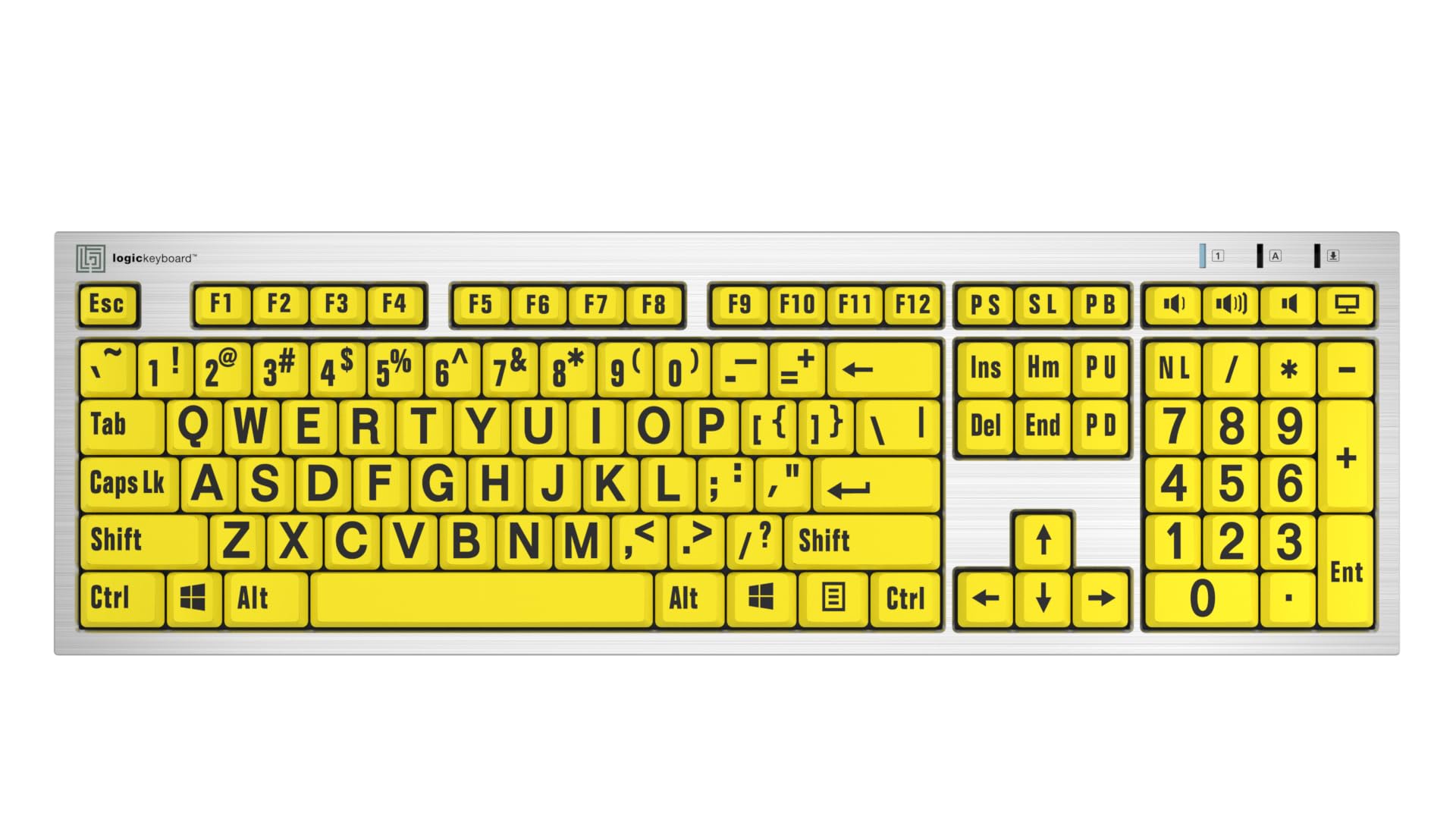 Logickeyboard 'Slimline' with Large Print • Black Letters on Yellow Keys • Made for Windows PC • Including LogicLight Lamp • p/n LKBU-LPRNTBY-AJPU-US