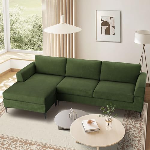 CAODOC 96" Sectional Sofa, Corduroy Fabric Modern Reversible Couch, L Shaped 3-Seat Sofa Couch with Chaise for Living Room, Green
