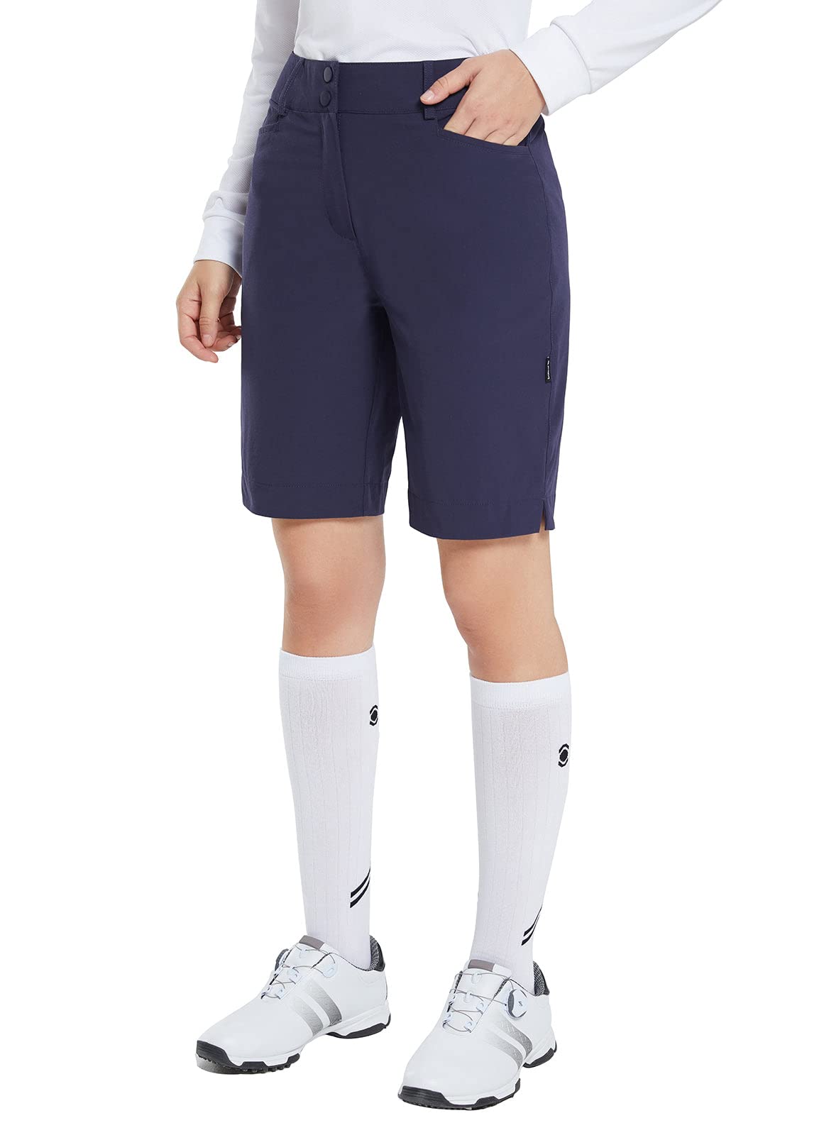 BALEAF Women's Golf Shorts 9" Bermuda Long Short Knee Length Stretch with Pockets Golfing Apparel for Ladies Navy Blue XXL