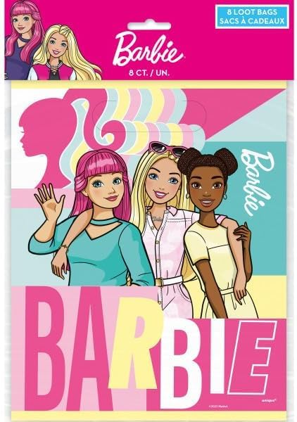 Barbie Birthday Party Supplies Bundle Pack includes 16 Plastic Favor Loot Bags and 1 Dinosaur Sticker Sheet