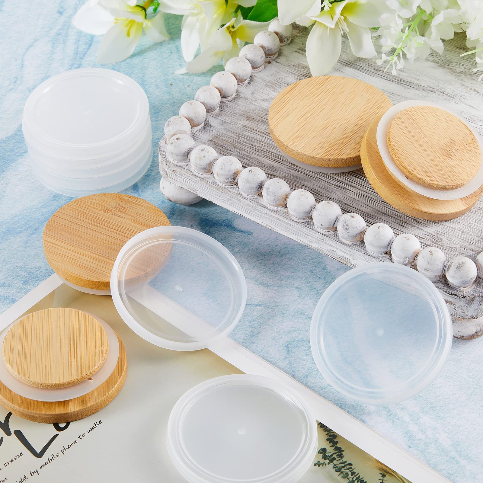 Tessco 40 Pcs Yogurt Jar Lids Set 20 Bamboo Lids with Silicone Sealing Rings 20 Pcs Plastic Yogurt Container Lids Clear Food Storage Replacement Lids Covers Compatible with Oui Yogurt Jars