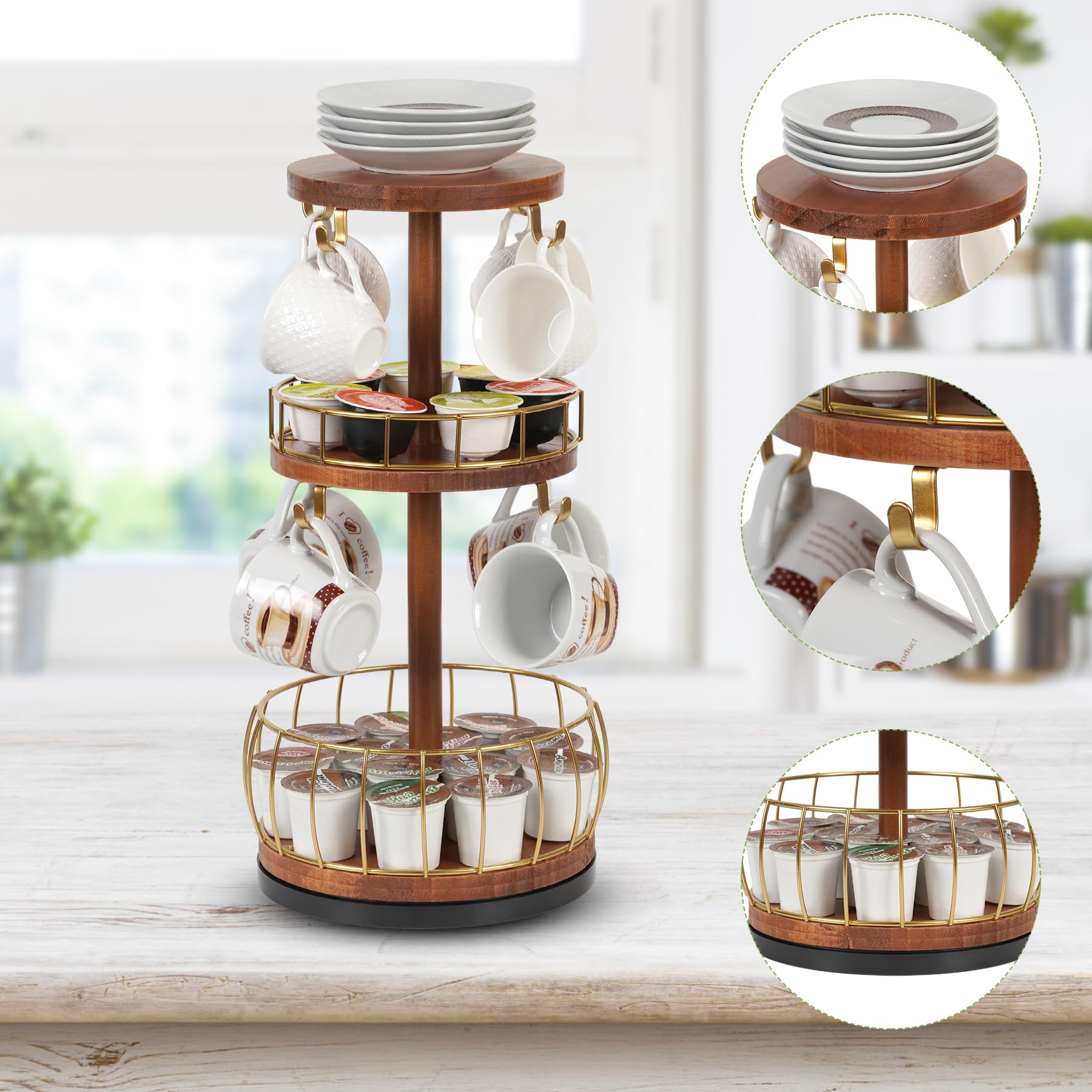 TRSPCWR Mug Tree Countertop, Rotatable Coffee Mug Rack Holder, 3 Tiers Coffee Cup Holder with 8 Mug Hooks, Coffee Pod Holder with Cup Pods & Saucer Basket Storage for Coffee Bar Kitchen Counter