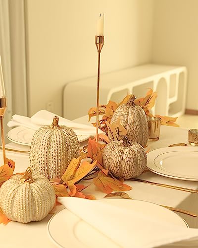 DN DECONATION Thanksgiving Resin Pumpkin Statue, Brown and White Pumpkin Figurine, Faux Decorative Pumpkins for Table Centerpiece, Countryside Autumn Fall, Set of 2, Gift