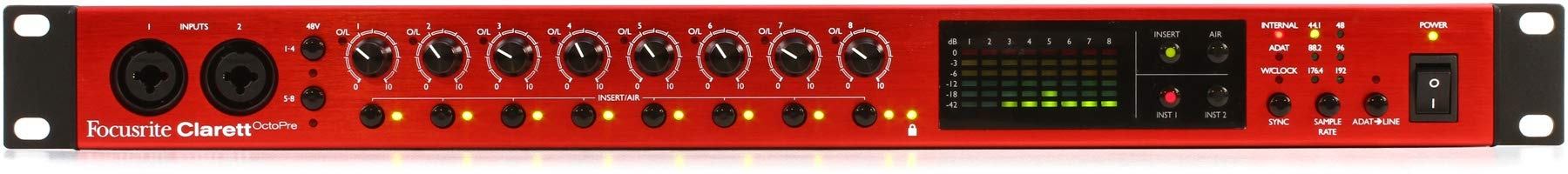 Focusrite Clarett OctoPre Professional Quality 8-in/8-out ADAT Mic Preamp for Music Production, with High Dynamic Range, Ultra-low Noise, and All-analogue Air