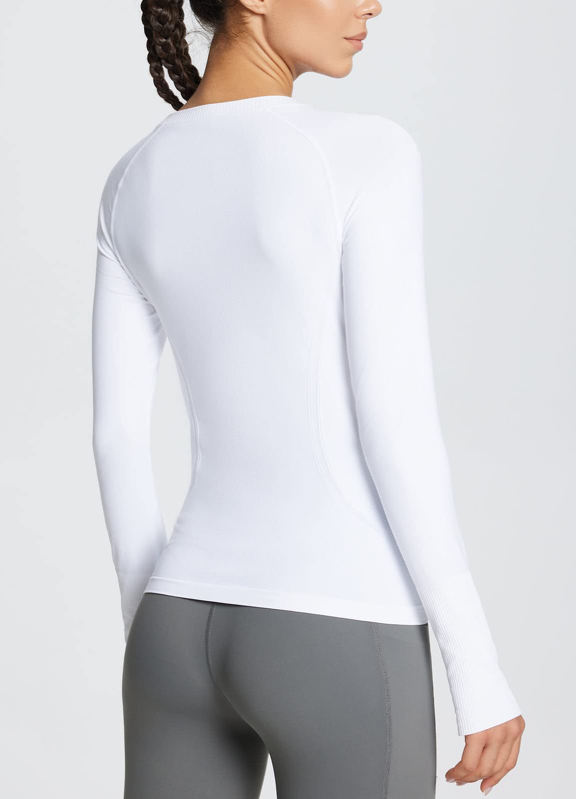 BALEAF Women's Long Sleeve Workout Athletic Seamless Shirts Tight Yoga Running Gym Fitted Tops with Thumb Holes White S