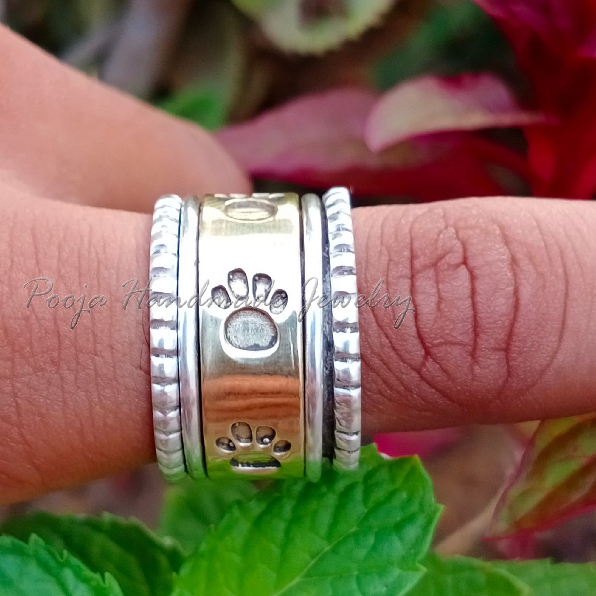 Paw Print Spinner Ring, Solid 925 Sterling Silver Ring, Brass Footprint Ring, Meditation Ring, Handmade Ring and Paw Symbol Spinner Ring for Women, Anxiety Ring, Mediation Ring and Fidget Spinner Ring