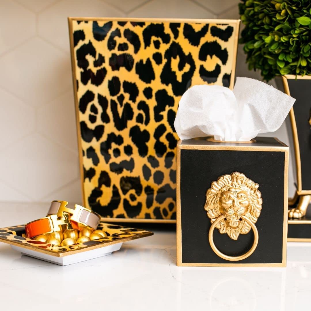 Jaye's Studio Square Wastebasket & Garbage Bin, Leopard Spots Theme, Gold Trim & Finish, Gold Round Feet, Enameled, Trash Bin for Bedroom, Office, Handcrafted Metal, Brown with Black Spots, 9", 9",12"