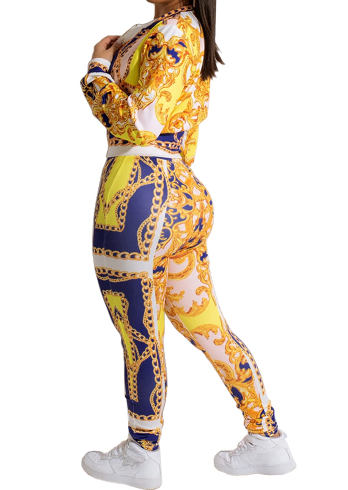 Bluewolfsea Two Piece Outfits for Women Jogger Tracksuits Long Sleeve Zipper Floral Print Jumpsuits Sweatsuits Sets Yellow Medium