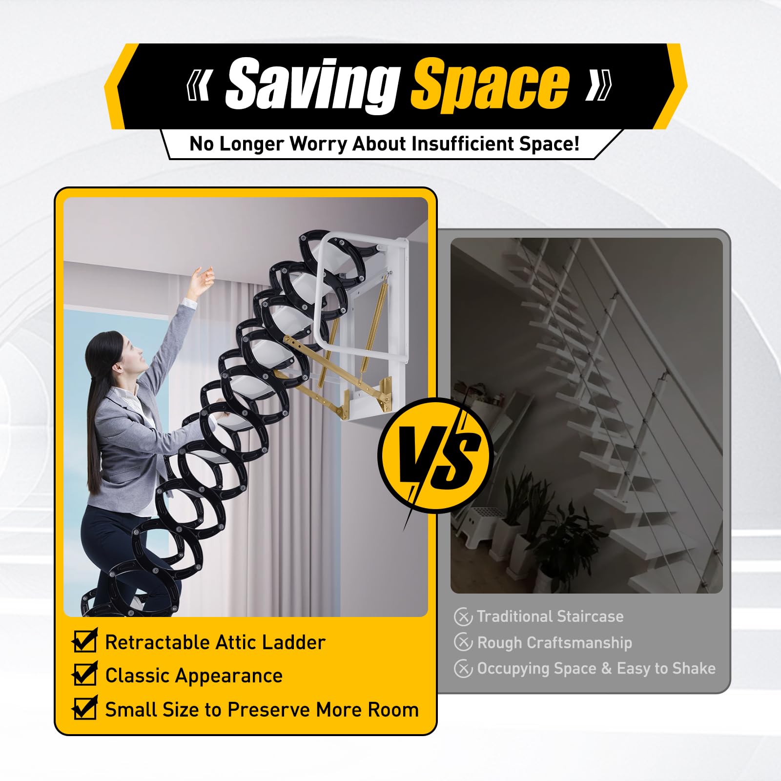 Attic Ladder Pull Down 11 Steps Attic Stairs Alloy Attic Access Ladder 9 ft Height Wall-Mounted Folding Loft Stairs with Armrests for Attic
