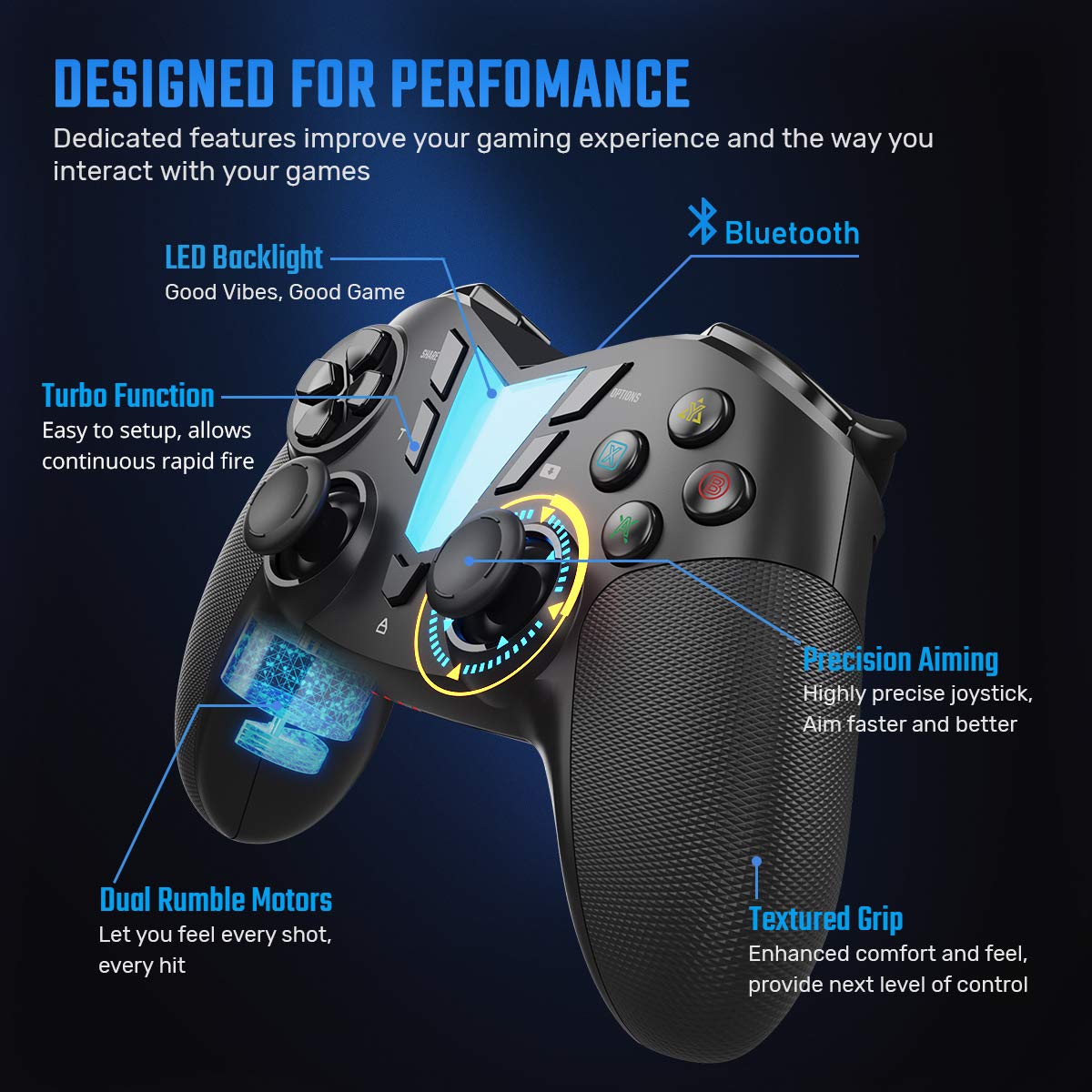 IFYOO Mobile Game Controller Compatible with iPhone iPad(Ver.13 or Later, Only for MFi Games) / Android Smart Phone(Just for Ver.10) / PS4, ONE Pro Wireless Gaming Gamepad Joystick - Black