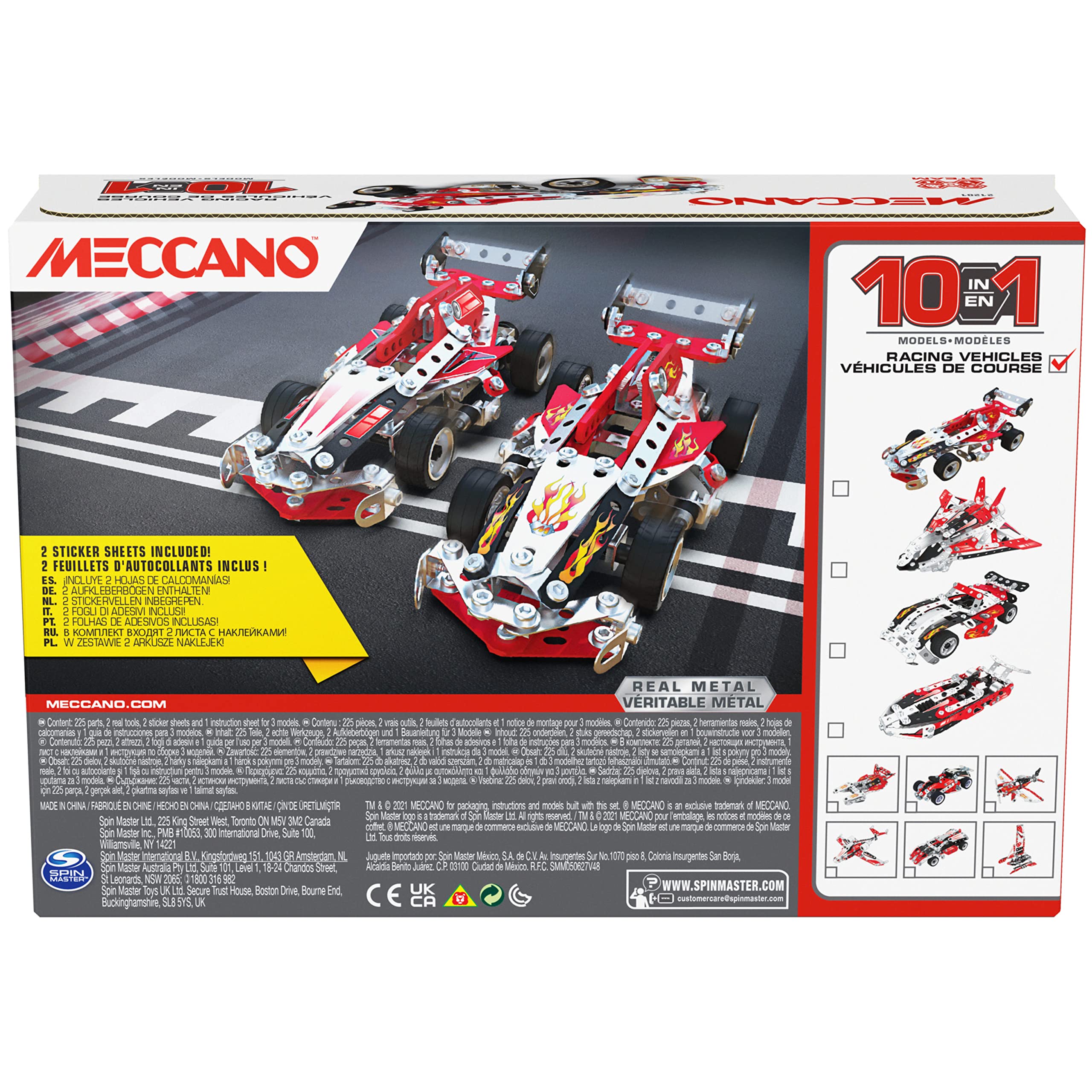 Meccano, 10-in-1 Racing Vehicles STEM Model Building Kit with 225 Parts and Real Tools, Kids Toys for Ages 8 and up