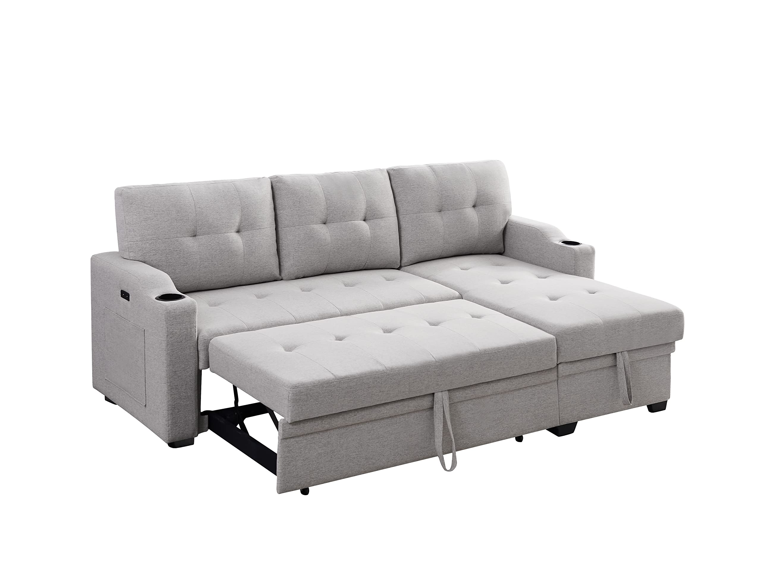 Lilola Home Mabel Light Gray Linen Fabric Sleeper Sectional with cupholder, USB Charging Port and Pocket