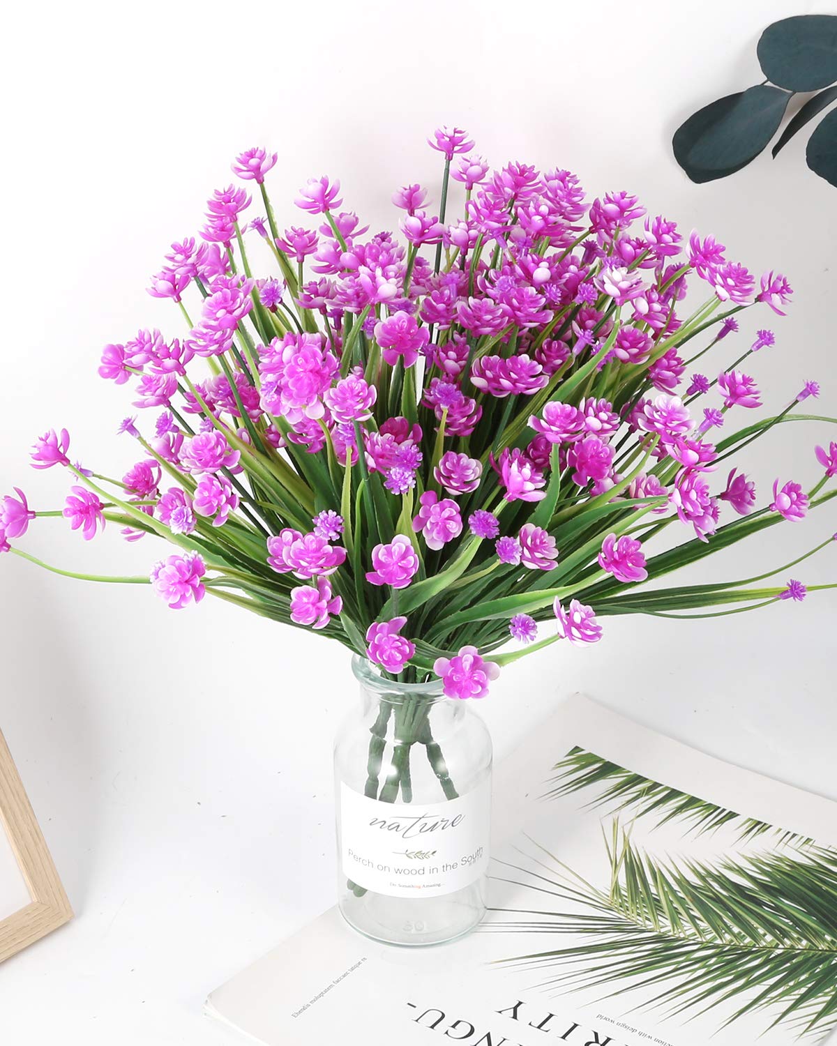 Omldggr 5 Bundles Artificial Flowers Outdoor, Plastic Flowers Faux Greenery Shrubs Plants for Hanging Planter Home Wedding Garden Decor(Purple RED)