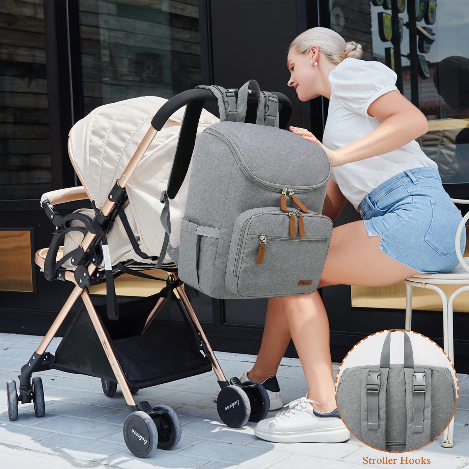 BAGSVIEWER Diaper bag backpack, Waterproof Baby Bag with Extra Large Changing Pad, Multifunctional Baby Diaper Bag Travel Backpack, Large Capacity, Stylish and Durable, Grey