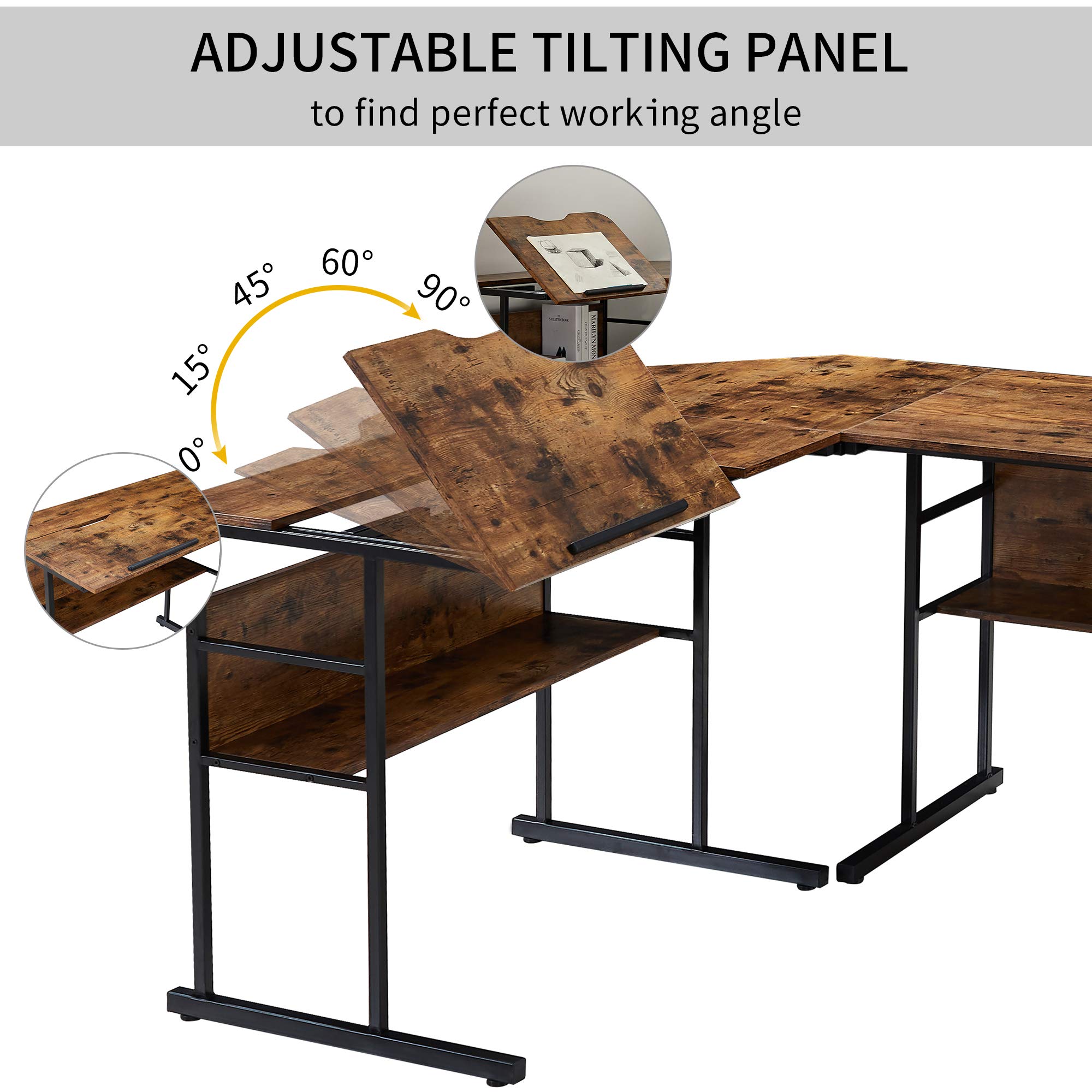 blackwolf 67 inches L-Shaped Desk, Corner Computer Desk with Bottom Bookshelves & CPU Stand, Drafting Drawing Table with Tiltable Desktop, Corner Desk Computer Workstation Home Office Desk (Brown)