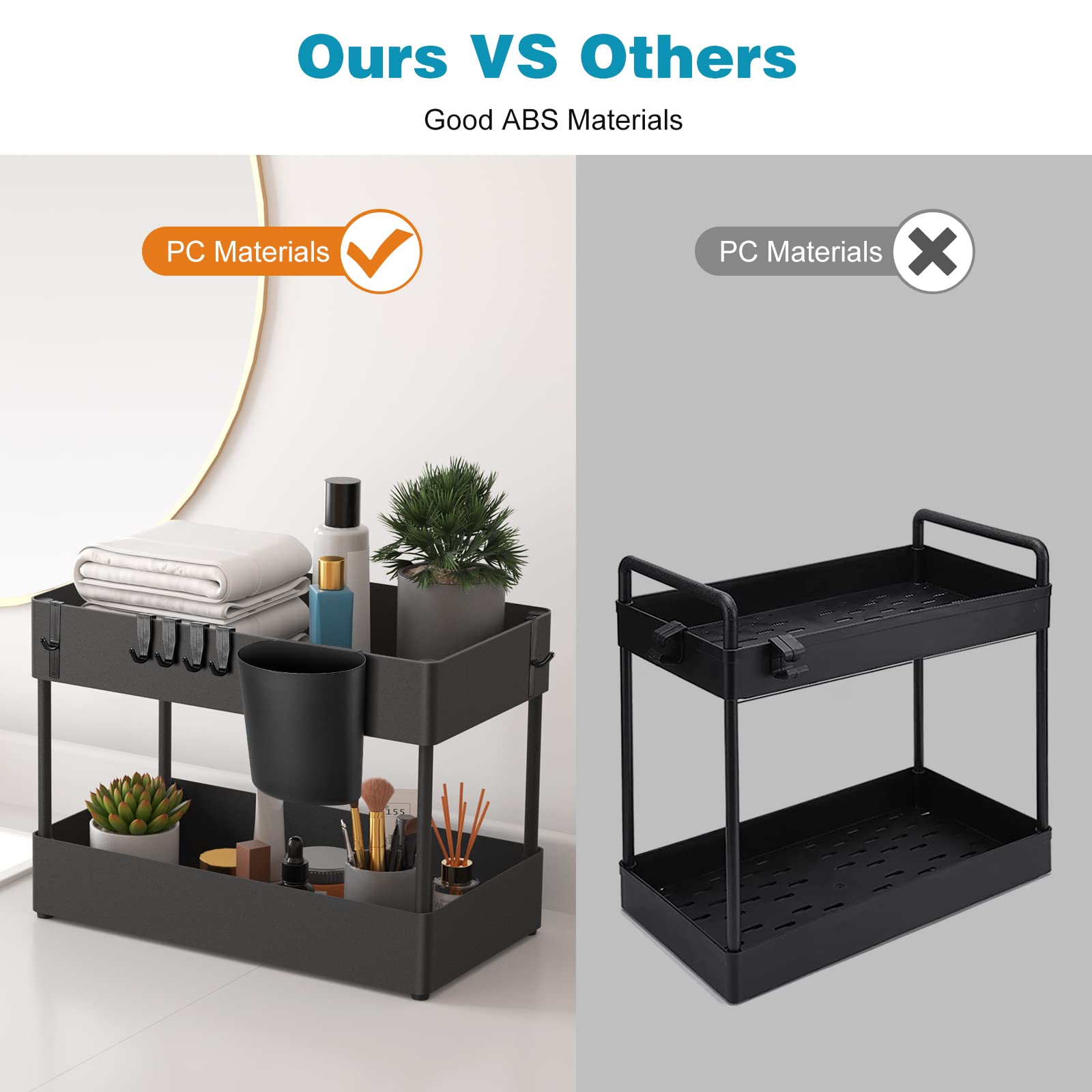 BlumWay 2 Pack Under Sink Organizers and Storage, 2 Tier Sliding Bathroom Cabinet Organizer, Multi-purpose Under Kitchen Sink Shelf with Hooks, for Bathroom/Kitchen Countertop