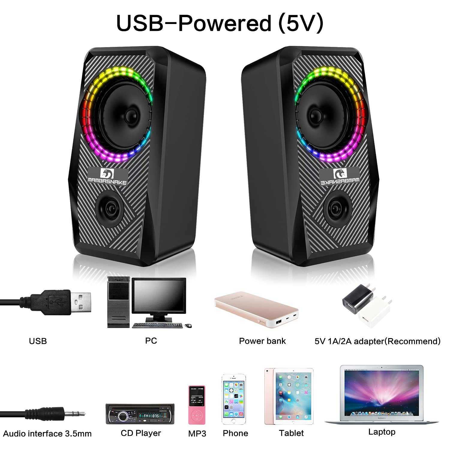 MANBASNAKE Computer Speakers RGB Gaming Speakers with 2.0 Wired USB Powered Stereo Volume Control,6 LED Modes,Dual Channel Multimedia AUX 3.5mm for PC Laptop Desktop Monitors(Black)