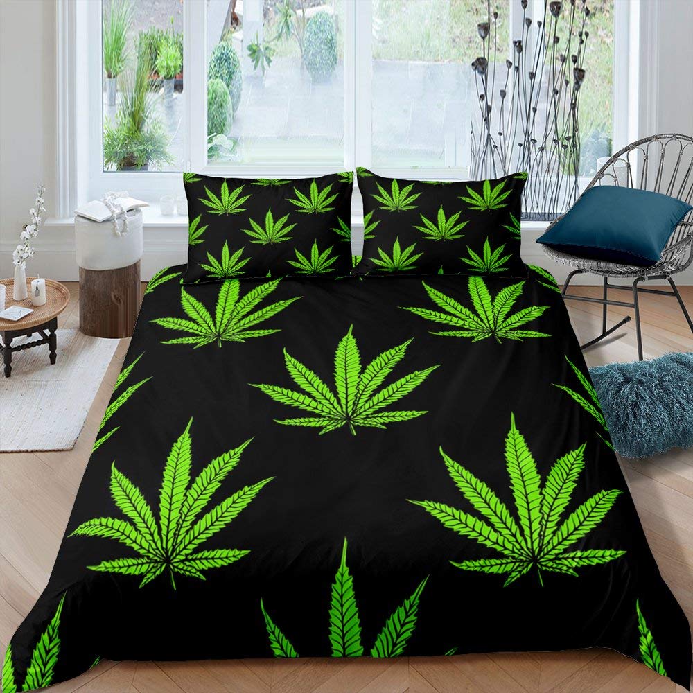 Erosebridal Marijuana Weed Leaves Bedding Set, Adult Cannabis Leaves Comforter Cover, Exotic Leaves Rustic Duvet Cover Twin Size, Soft Microfiber Bedspread Cover with Zipper Closure, Green Black