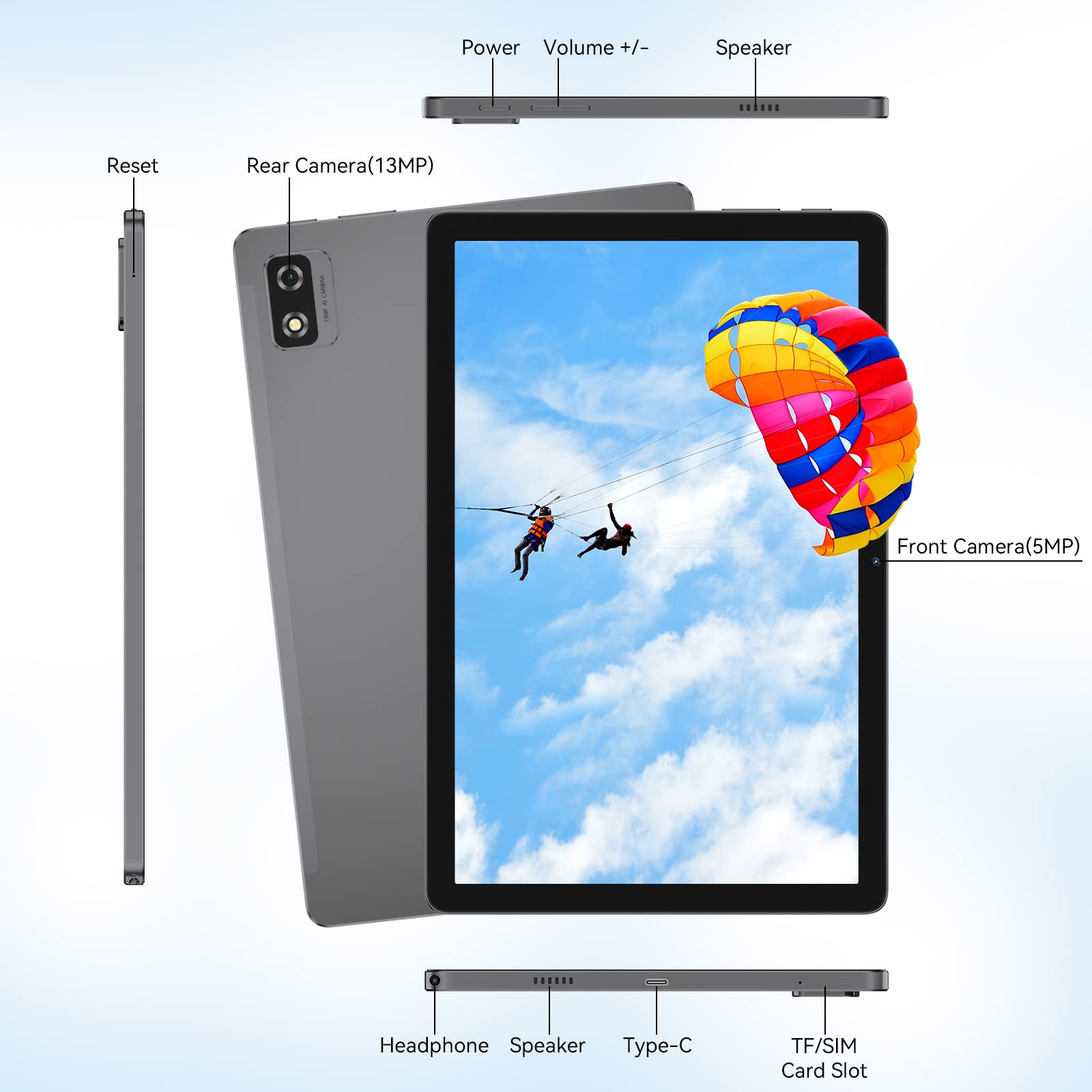 Blackview Android Tablet 10 inch Tablet Android 11 7GB+64GB 6580mAh Large Battery 13MP Rear Camera 5G Wi-Fi Bluetooth(Gray)