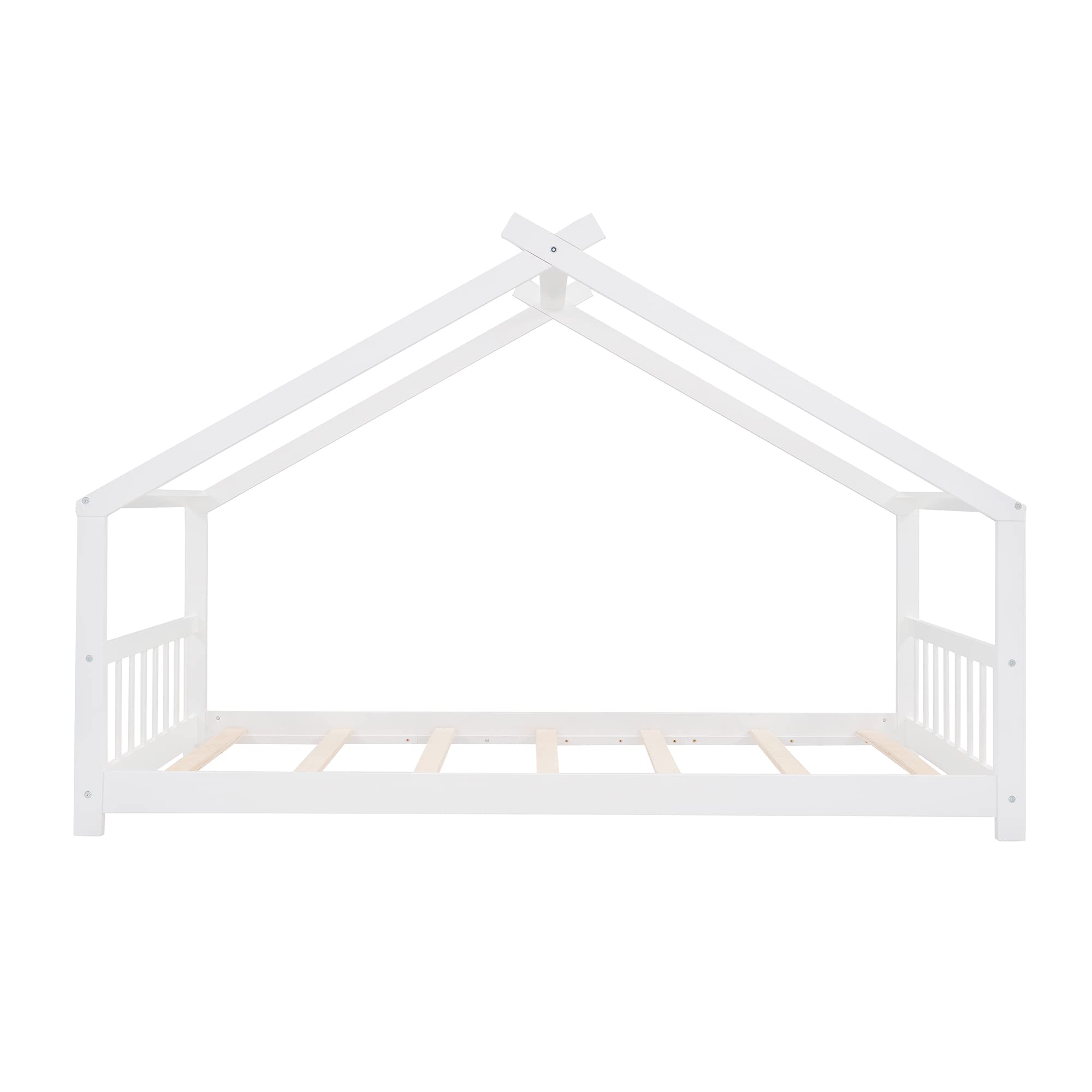 Merax Twin Wood Low House Bed with Headboard and Footboard Floor Bed Frame for Boys,Girls, Easy Assembly (Twin, White)