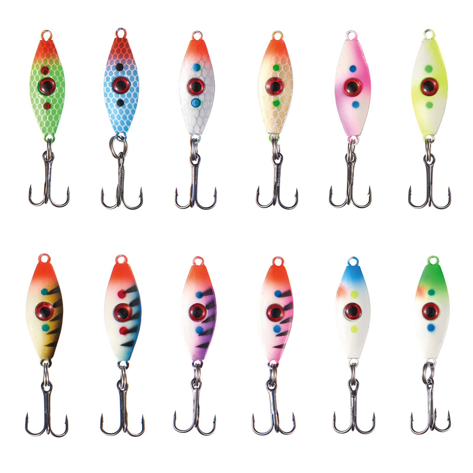 BASSDASH Ice Fishing Lure Kit Glowing Paint Jigs for Winter Ice Jigging Crappie Sunfish Perch Walleye Pike with Tackle Box (BI06-12pcs Assorted Perch/Walleye/Pike jigs)