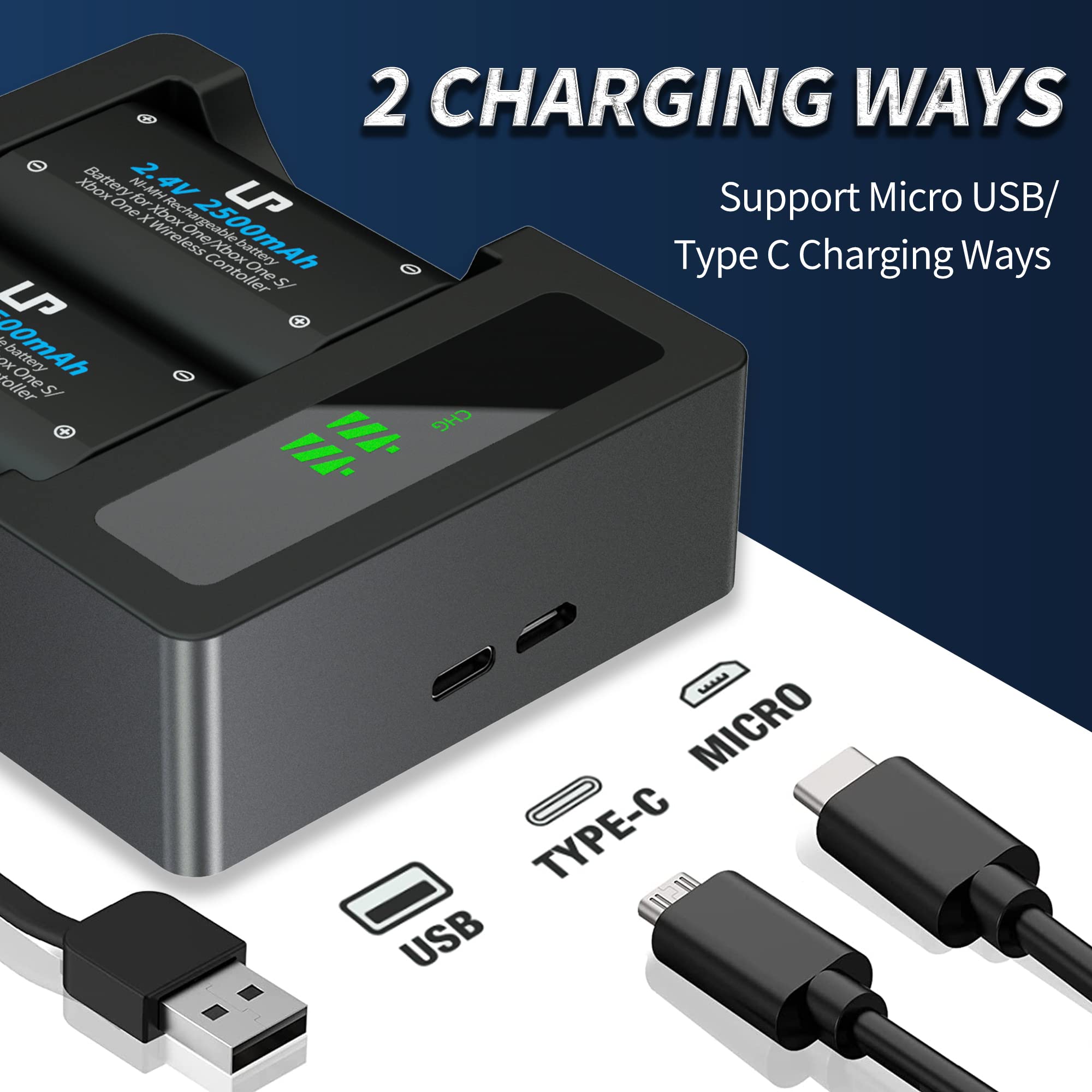 LP Xbox Controller Battery Charger Pack, 2 x 2500mAh Rechargeable Batteries with Charger Station for Xbox Series X|S, Xbox One S/One X/One Elite Controllers with LCD Dual Charger
