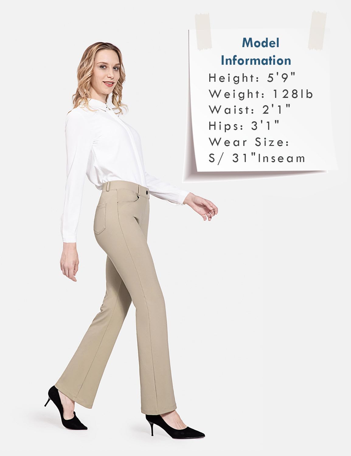BALEAF Womens Khaki Work Pants Yoga Dress Pants Bootcut Pull On Slacks Petite Business Casual Office Trouser Pockets 29" M