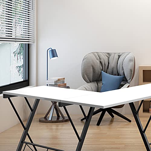 DORPU L-Shaped Corner Desk, Computer Gaming Table Desk 60 inch, Modern Writing Study Table Desk for Home Office, Simple Style White PC Desk with Metal Frame, Space-Saving, Easy to Assemble