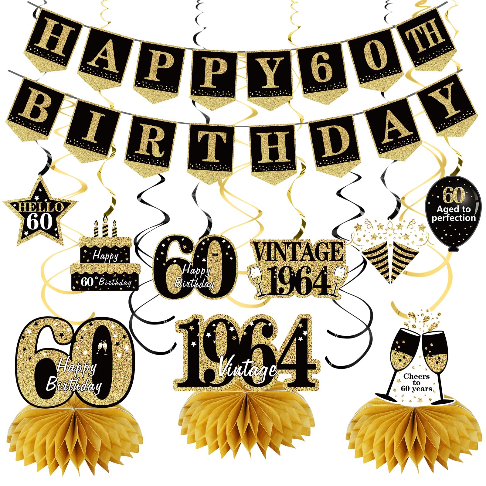 Eucutur Happy 60th Birthday Banner Decorations for Men Women, 10Pcs Black Gold 60 Birthday Banner Vintage 1964 Honeycomb Centerpieces Swirls Kit Party Supplies, Sixty Bday Ceiling Table Topper Decor