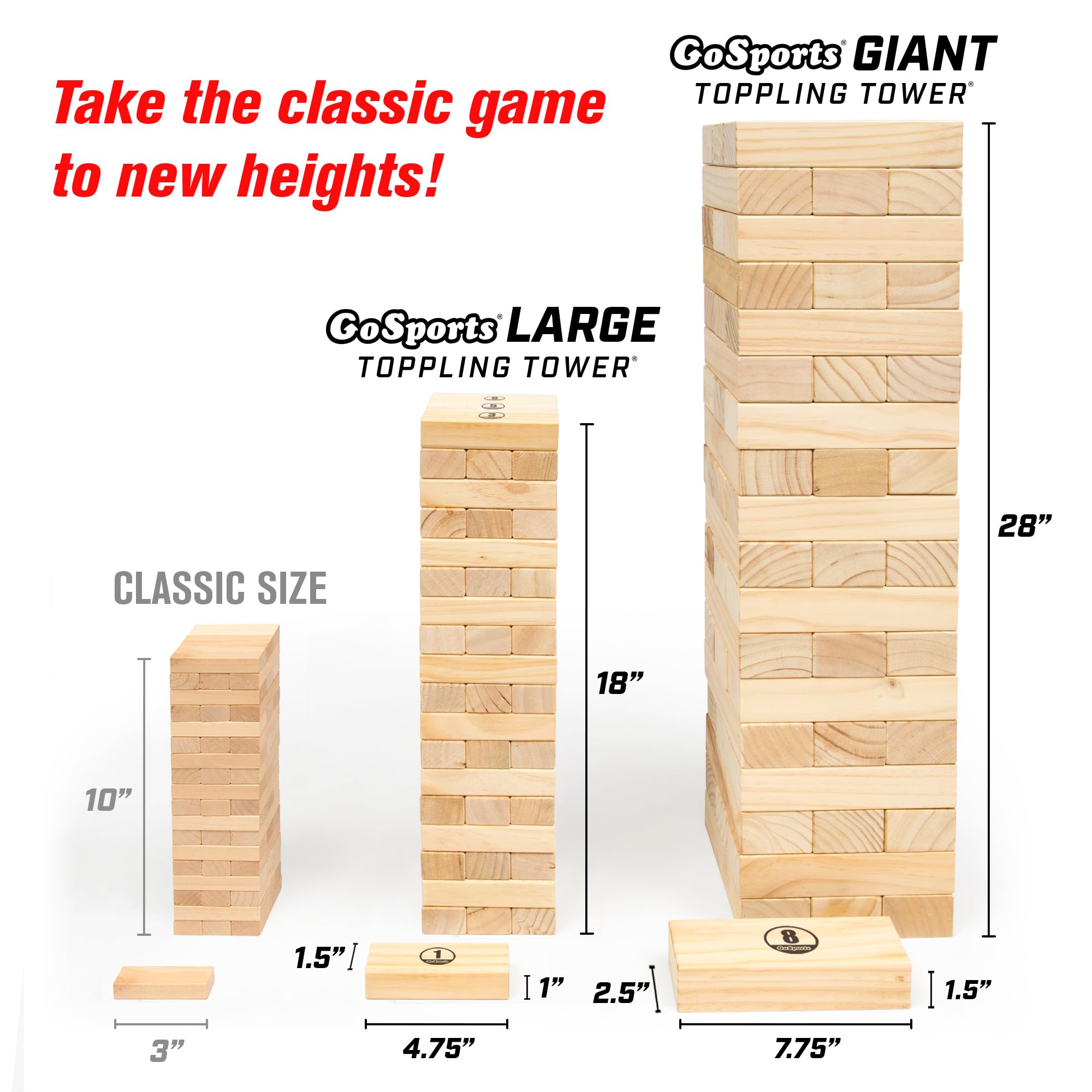 GoSports Large Wooden Toppling Tower - Stacks Up to 3 ft - Natural Wood