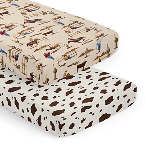 Sweet Jojo Designs Tan Brown Western Cowboy Boy Baby Fitted Crib Sheet Set Nursery Soft Infant Newborn Fits Standard Mattress Toddler Bed Southern Country Wild West Horse Off White Cow Print Animal