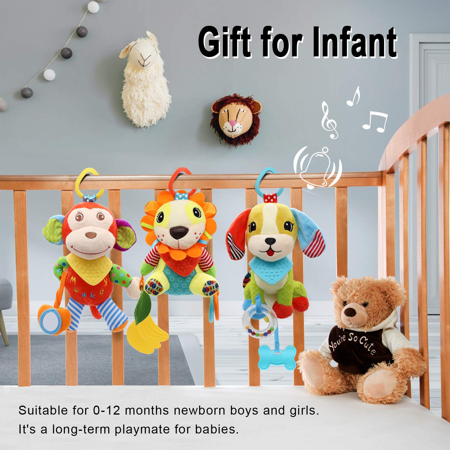 MARUMINE Baby Crib Stroller Hanging Rattle Toy with Teether, Car Seat Toys for 0-12 Months Infant (Monkey)