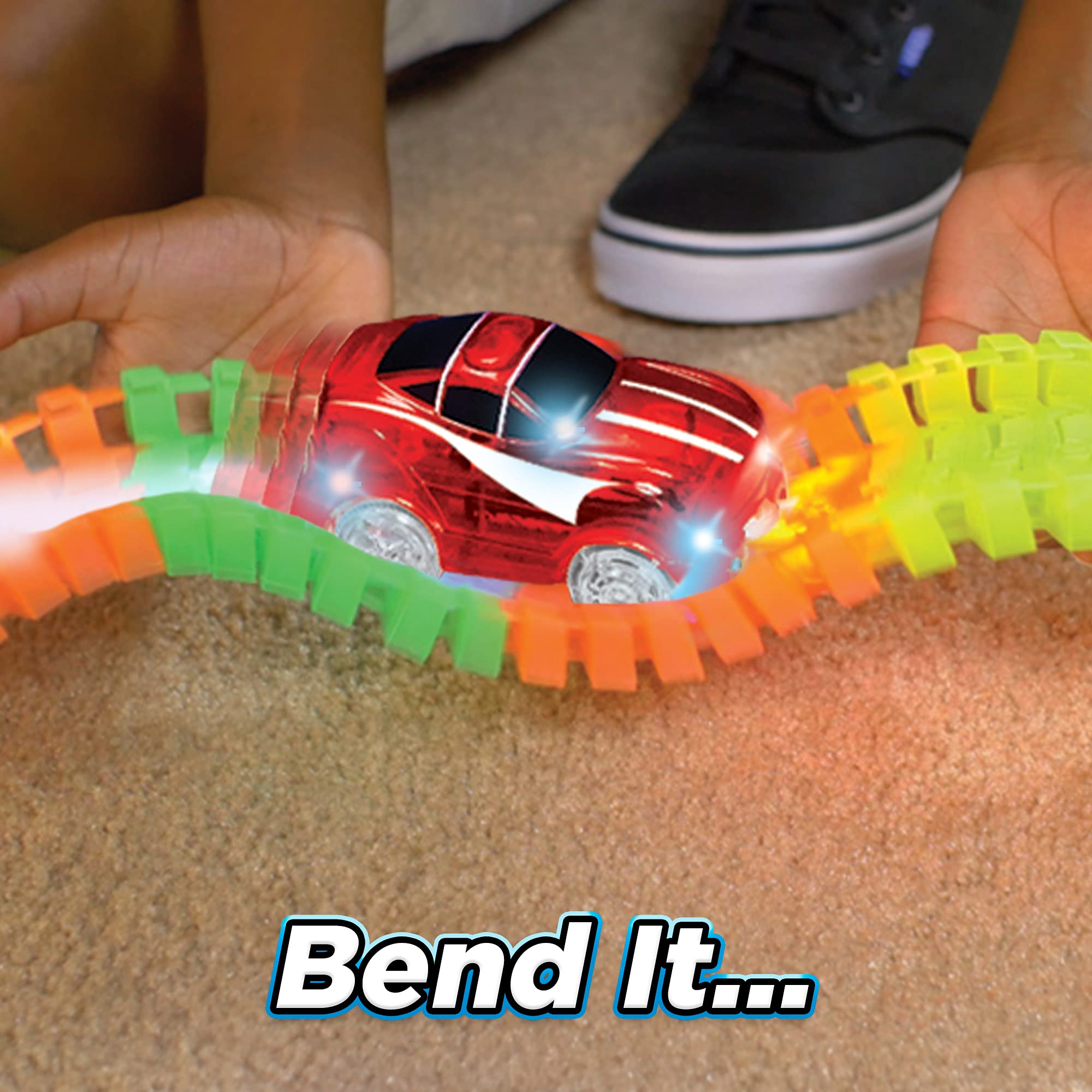 Ontel Magic Tracks 10 Foot Glow In The Dark Bendable Flexible Racetrack with LED Light-Up Race Car, Educational Playset Birthday Gift for Ages 3+