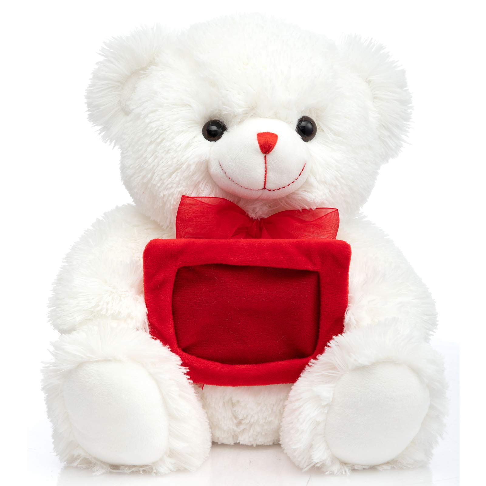 HollyHOME Teddy Bear Stuffed Animal Plush Bear with Red Bow Holding a Picture Frame Soft Plush Toy Christmas Valentine's Day Gift 12 Inches White