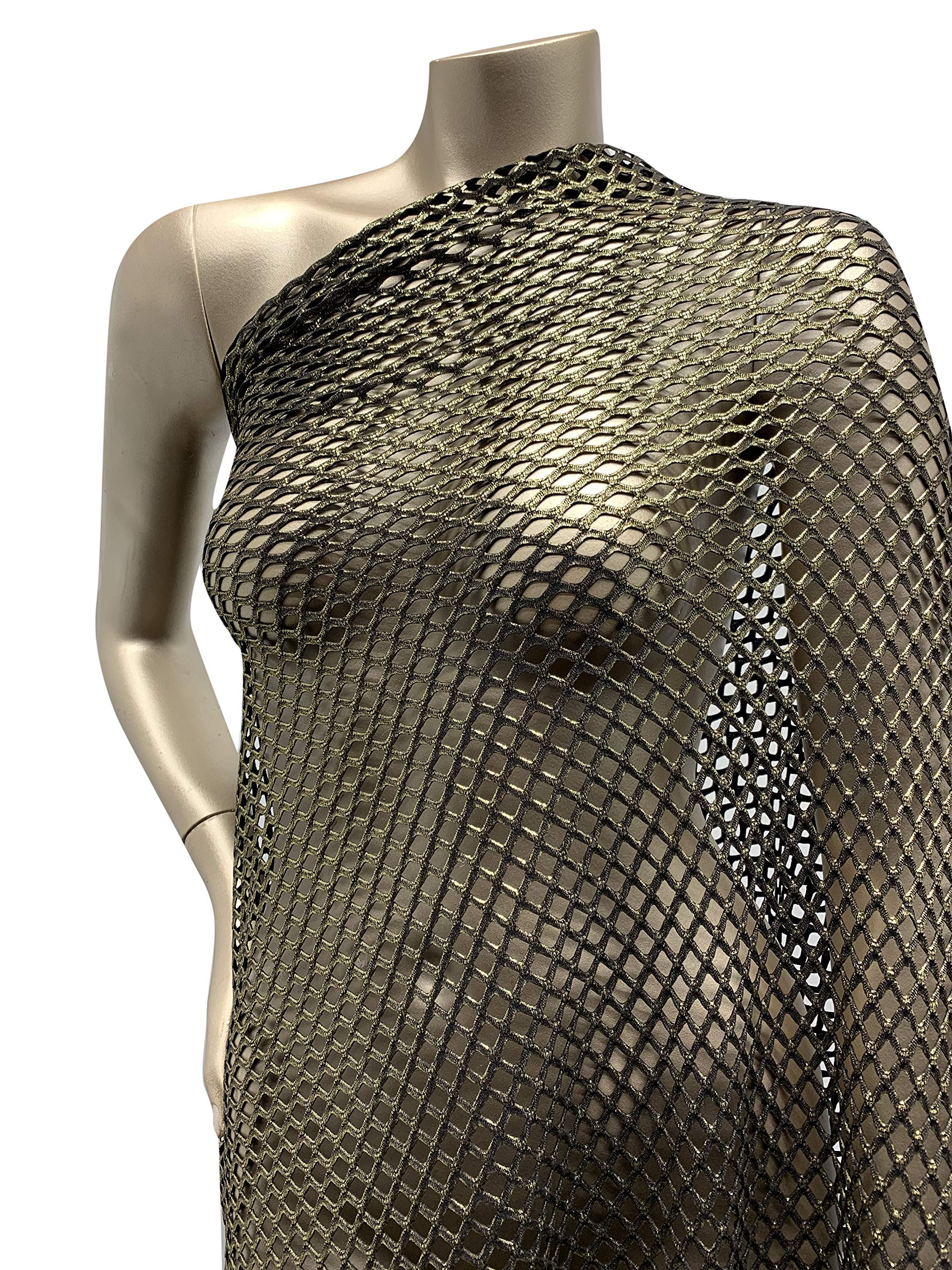 Diamond Mesh Big Hole 0.5 Inch with or Without Silver Foil Stretch Polyester Spandex Mesh Fabric by The Yard (Black with Gold Foil)