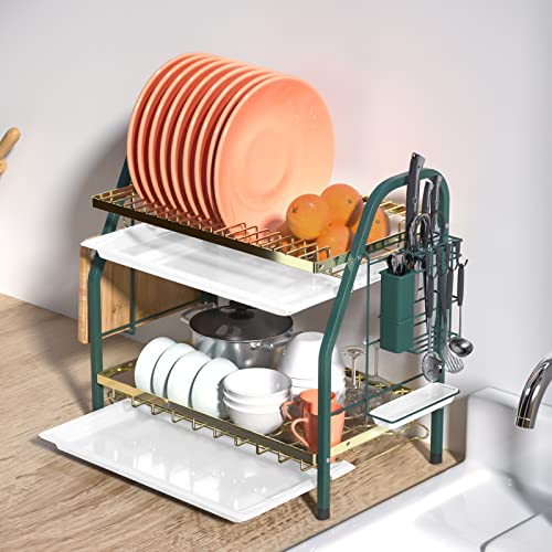 Boiarc Dish Drying Rack for Kitchen Counter, 2 Tier Large Dish Rack & Drainboard Set, Kitchen Dish Drainer Organizer with Utensil Holder & Cutting Board Holder (Gold & Green)