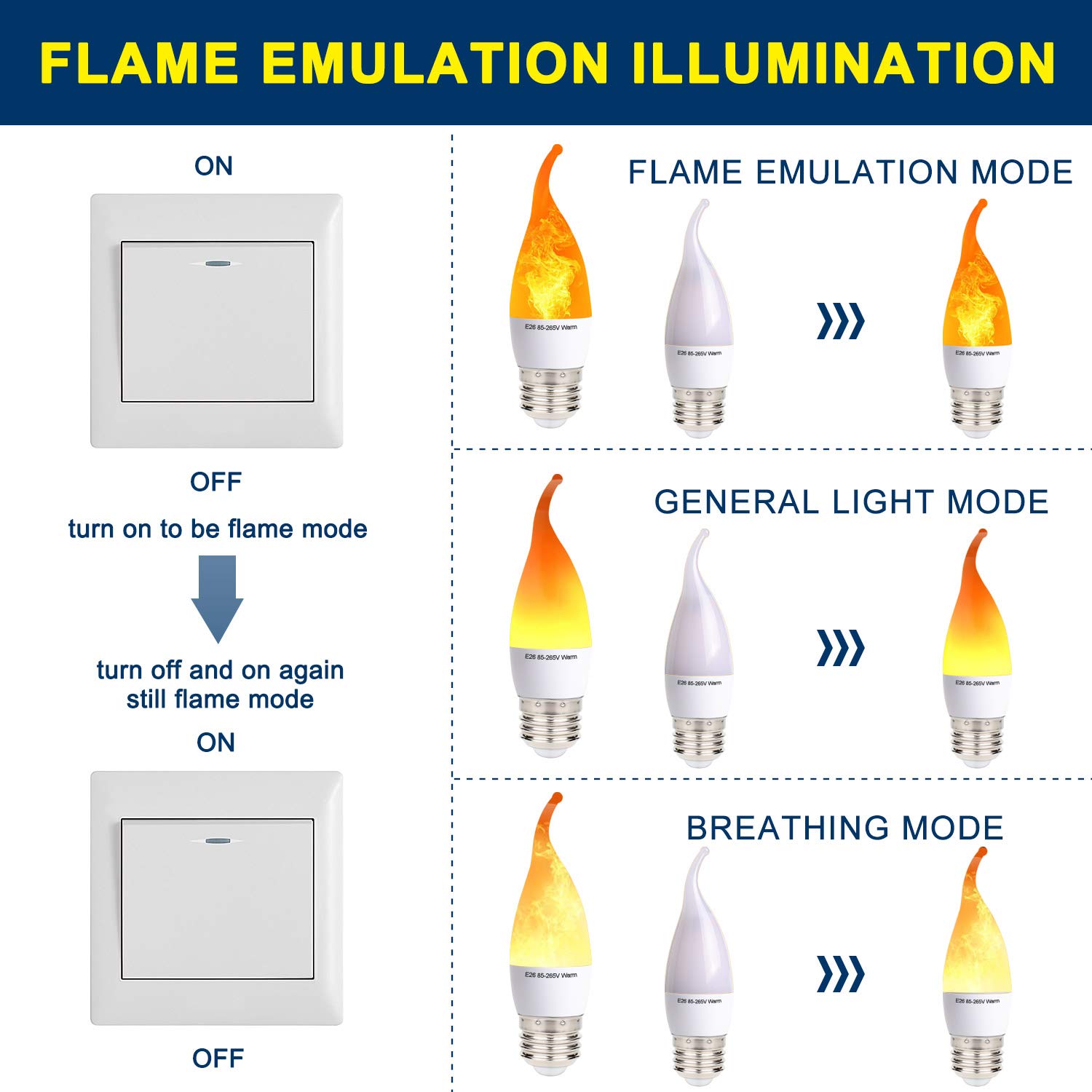 BAILAOYE 4 Pack LED Simulated Fire Flicker Flame Light Bulb, 3 Modes (Emulation General Breathing) 2W 1800K Warm White, E26 Base Fire Light Bulbs with Gravity Sensor for Home Bar Party Decorations