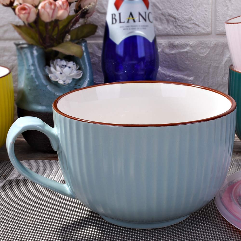 BOSILI Ceramic Soup Bowls with Handles Microwave Safe Bowl with Lid Microwavable Soup Mug with Lid Large Soup Cups for Ramen Noodle Cereal