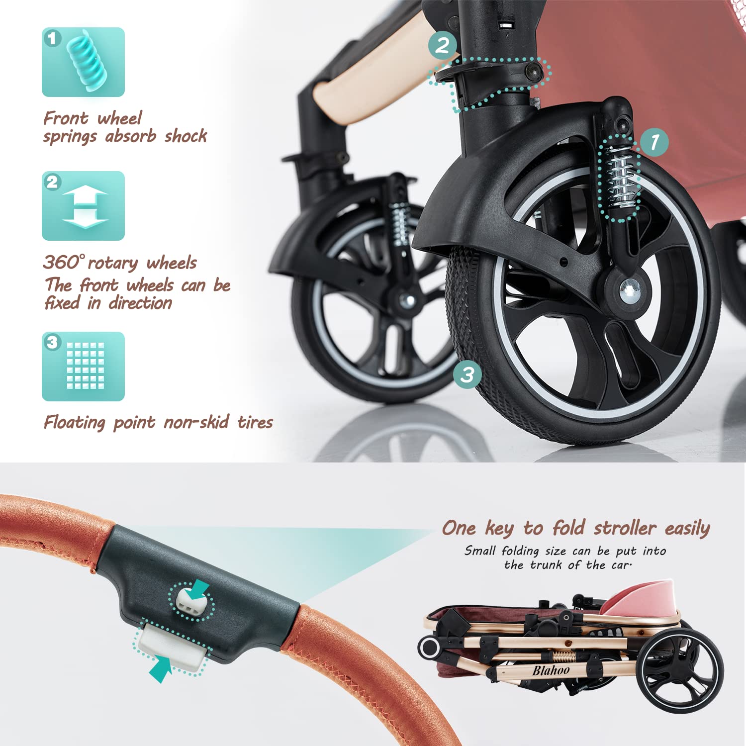 Blahoo Baby Stroller for Newborn, 2 in1 High Landscape Stroller, Foldable Aluminum Alloy Pushchair with Adjustable Backrest. Bassinet Stroller
